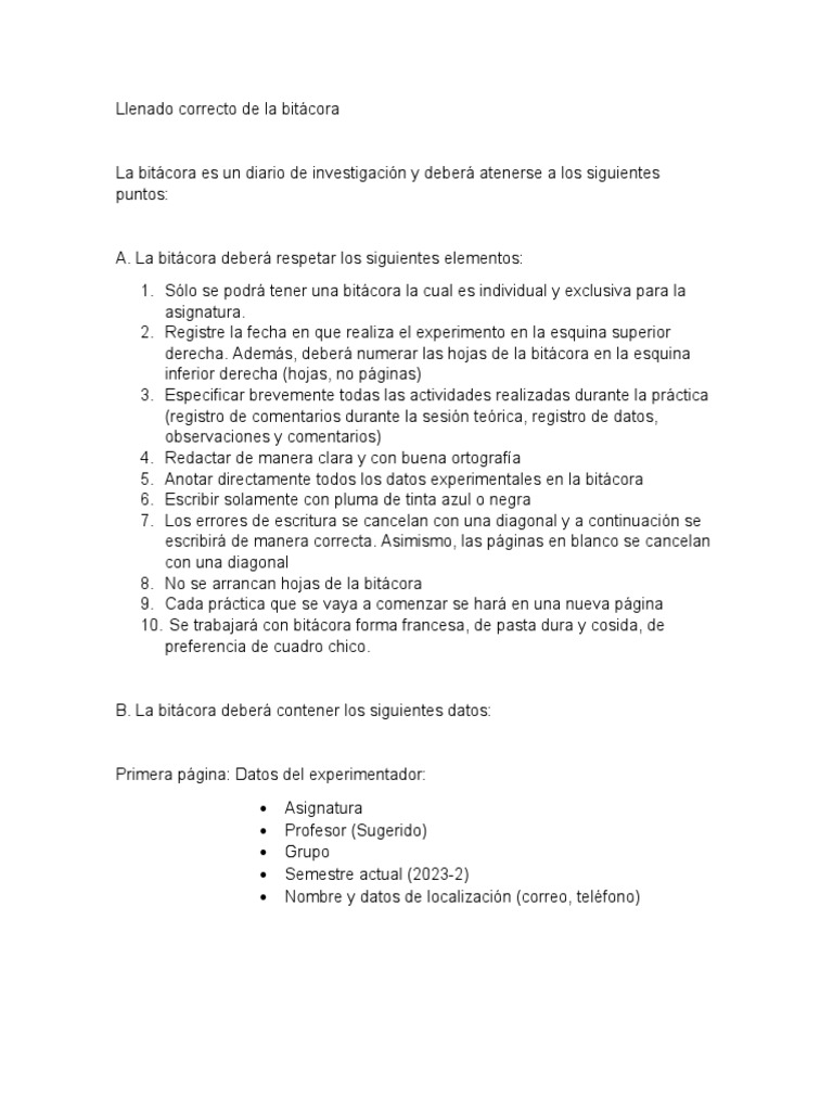 Llenado Correcto de La Bitácora | PDF Llenado Correcto de La Bitácora | PDF