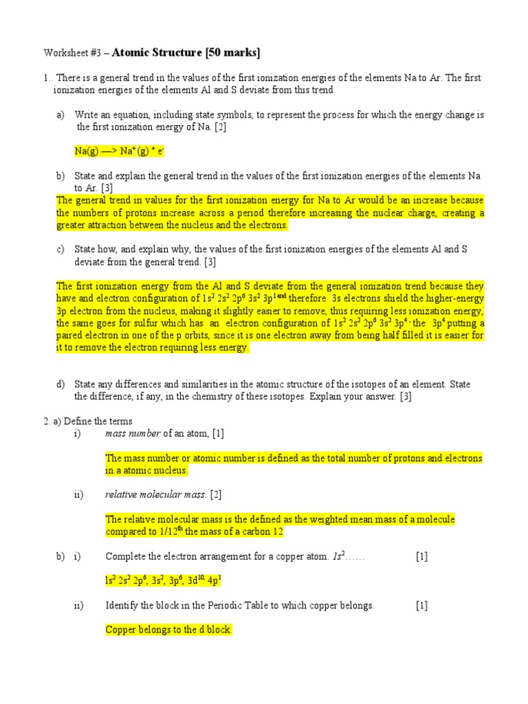 CHE 123 - Worksheet - Atomic Structure - Ionization | PDF | Atoms ...