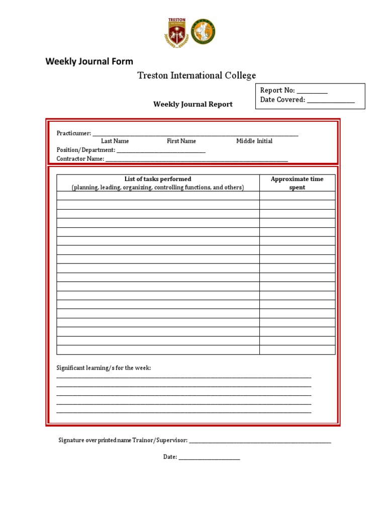 Weekly journal form for Treston International College interns | PDF