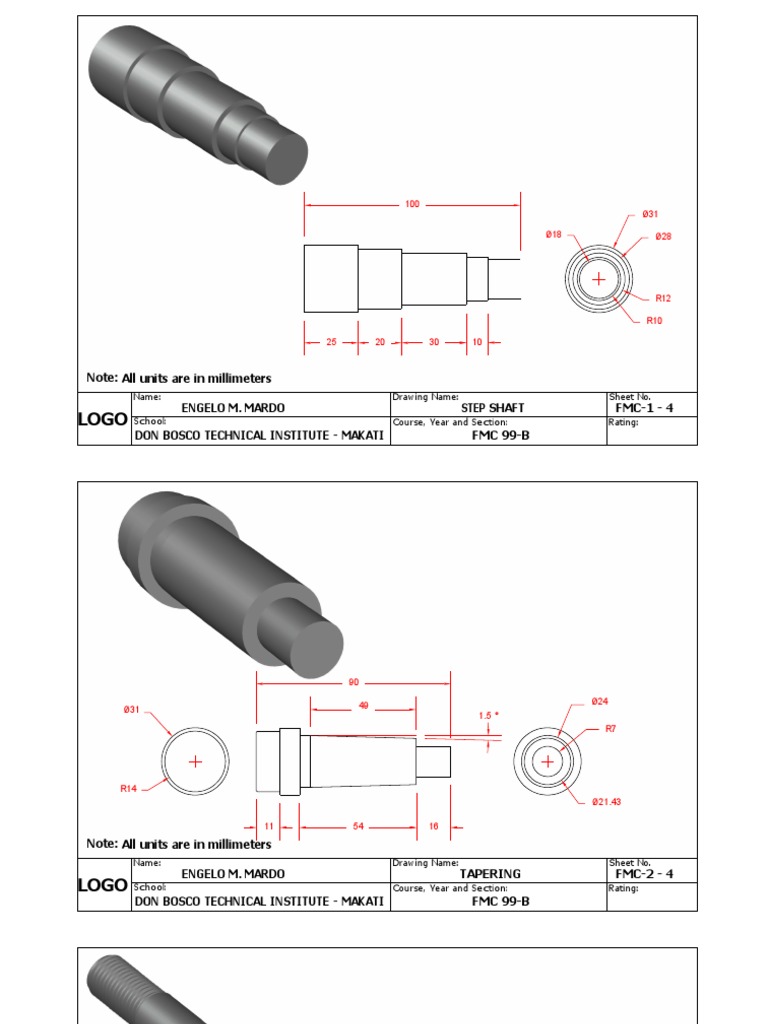 Technical Drawings for a Shaft, Tapering Piece, Stud Bolt, and Nut ...