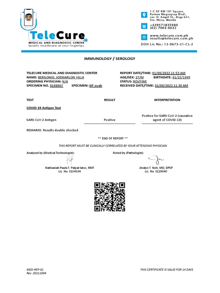 Positive COVID-19 Antigen Test Result and Medical Certificate ...