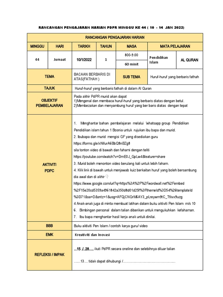 Rancangan Pengajaran Harian PDPR Minggu Ke 44 | PDF