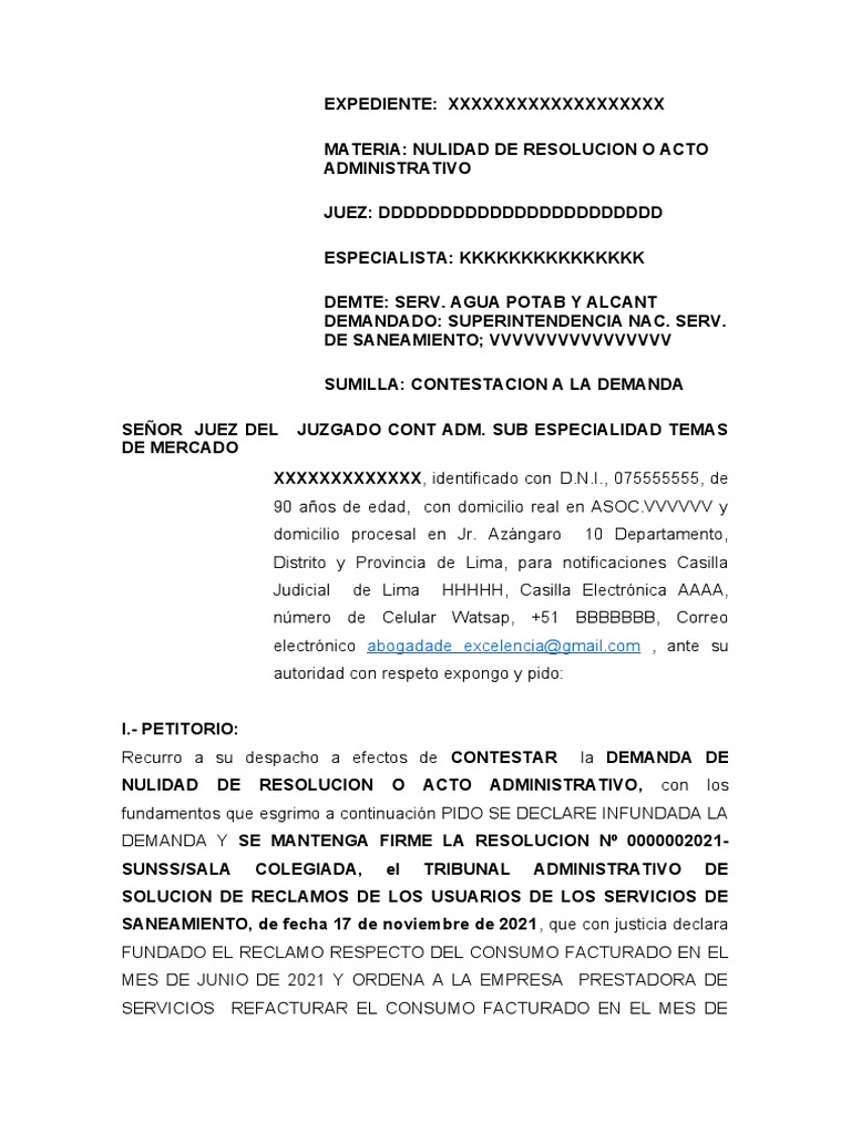 Modelo de Contestación de Demanda CONTENCIOSA ADMINISTRATIVA | PDF ...