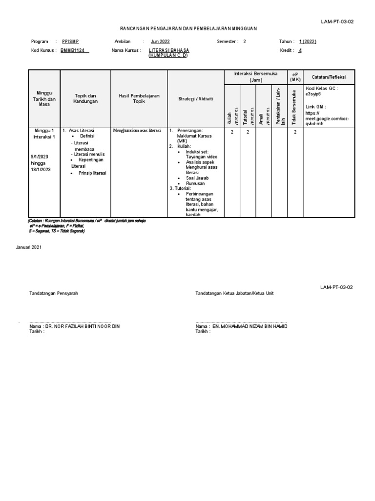 Rancangan Mingguan Literasi | PDF