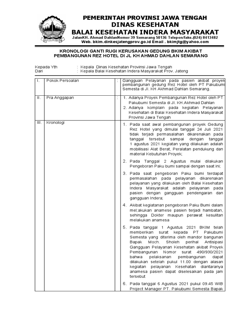 KRONOLOGIS PENGADUAN GANGGUAN PELAYANAN DI BKIM AKIBAT PEMBANGUNAN HOTEL REZ | PDF