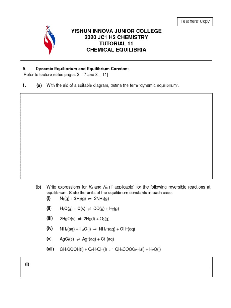 Chemical Equilibria Tutorial Notes | PDF | Chemical Equilibrium ...