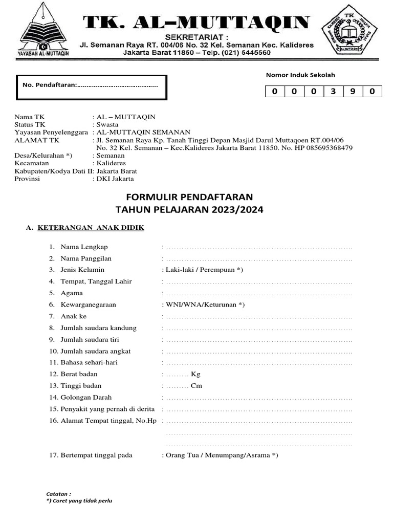 Formulir Pendaftaran TK | PDF