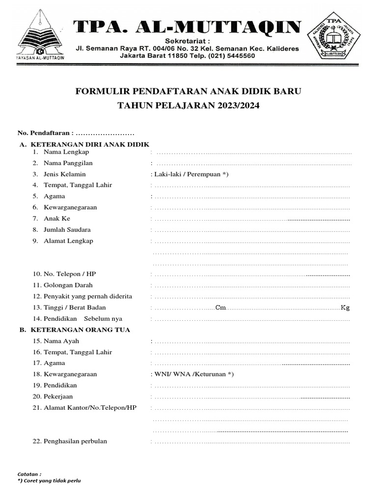 Formulir Pendaftaran Anak TPA 2023/2024 | PDF