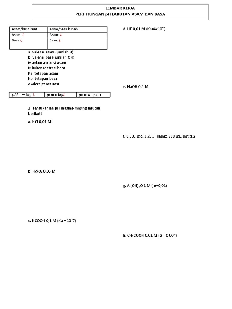 Lembar Kerja Latihan Soal Perhitngan PH Asam Dan Basa | PDF
