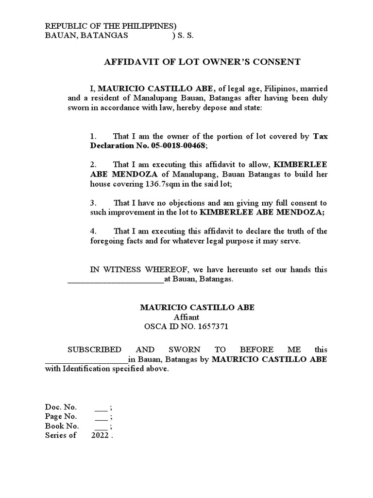 Affidavit of Lot Owners Consent Mauricio Abe | PDF