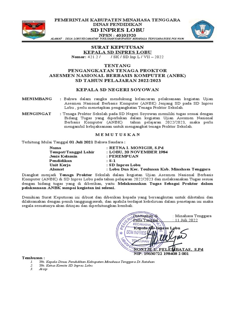 Pengangkatan Proktor ANBK SD Inpres Lobu | PDF