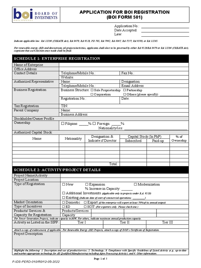 F-Ids-Perd-010 Application For Boi Registration (Boi Form 501) | PDF ...