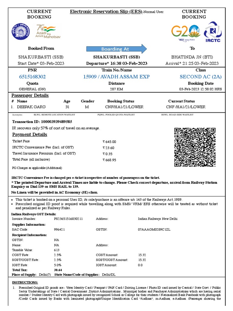 Avadh Assam Exp Second Ac (2A) | PDF | Identity Document