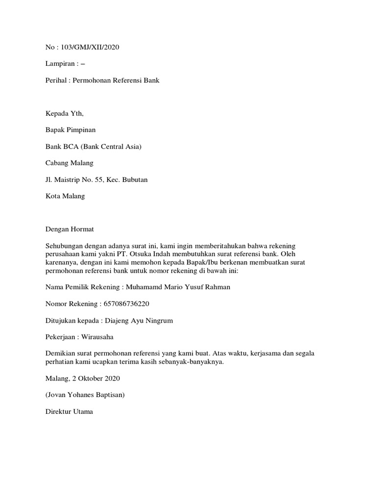 Permohonan Surat Referensi Bank BCA | PDF