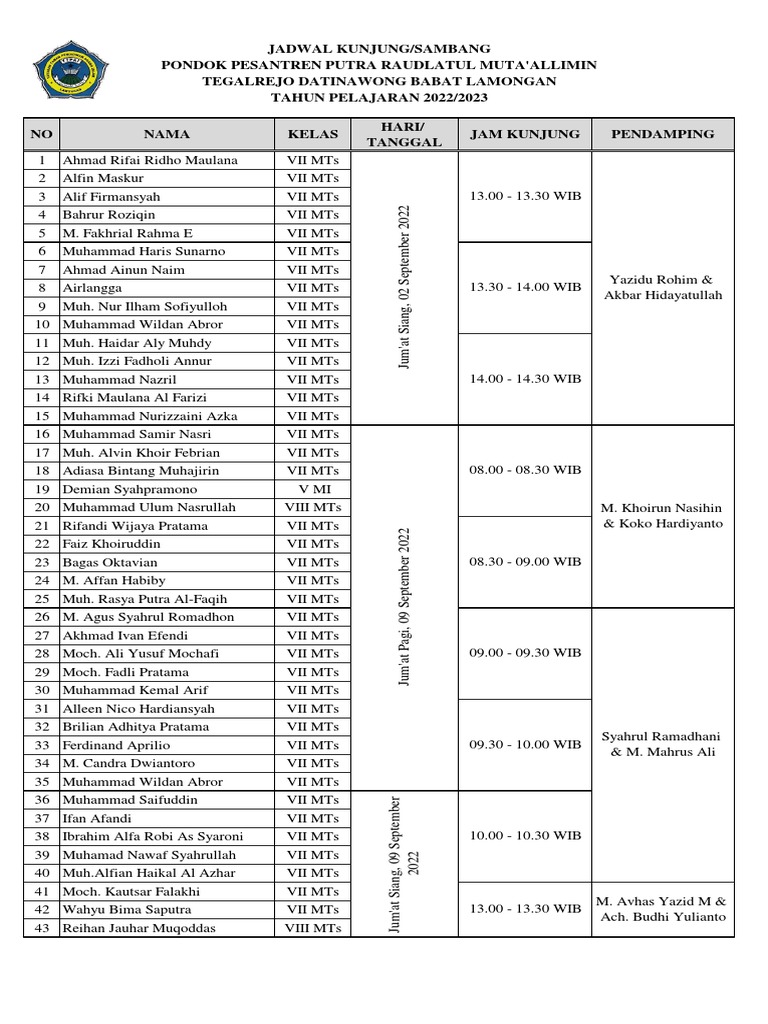 JADWAL KUNJUNGAN SISWA | PDF