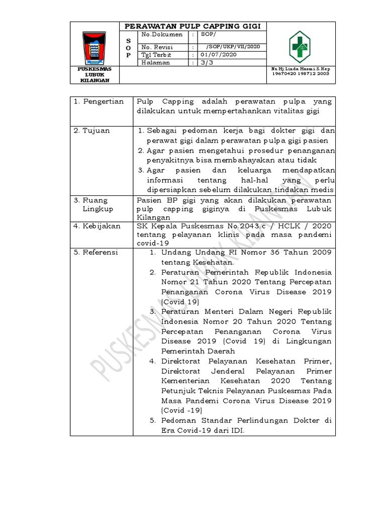 SOP Pulp Capping Revisi 2020 | PDF
