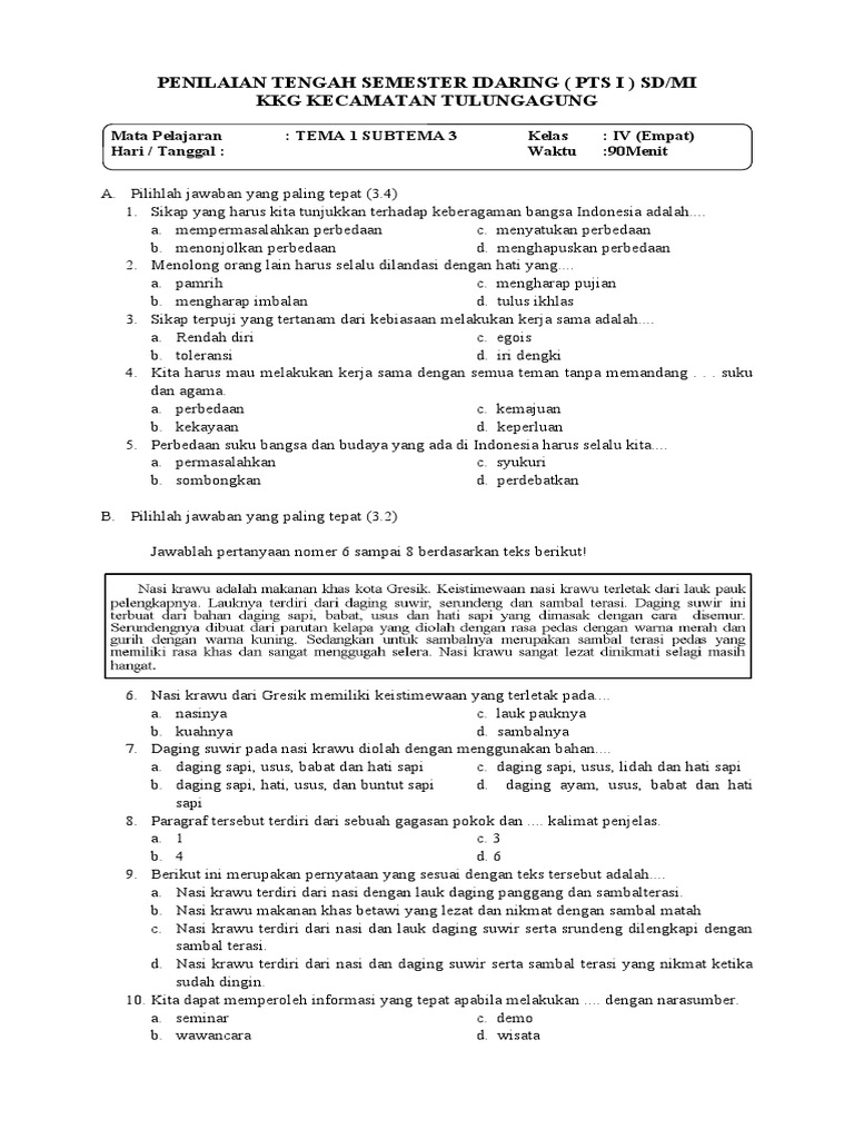 Soal PTS Tema 1 Sub Tema 3 | PDF