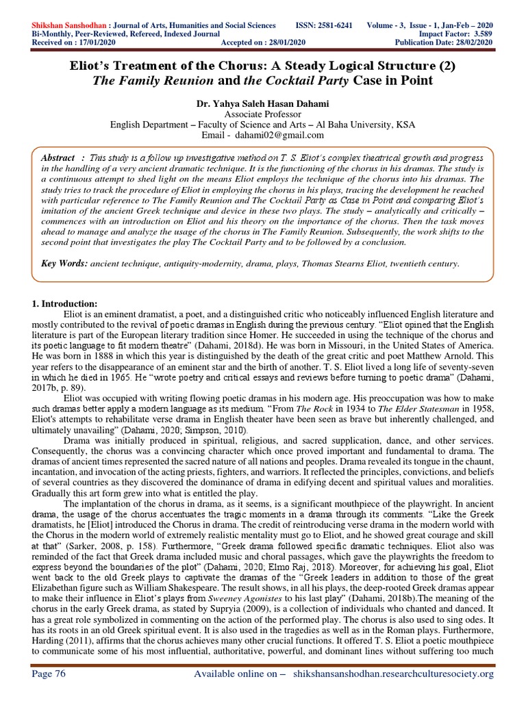Eliot's Treatment of The Chorus: A Steady Logical Structure (2) The Family Reunion and The ...