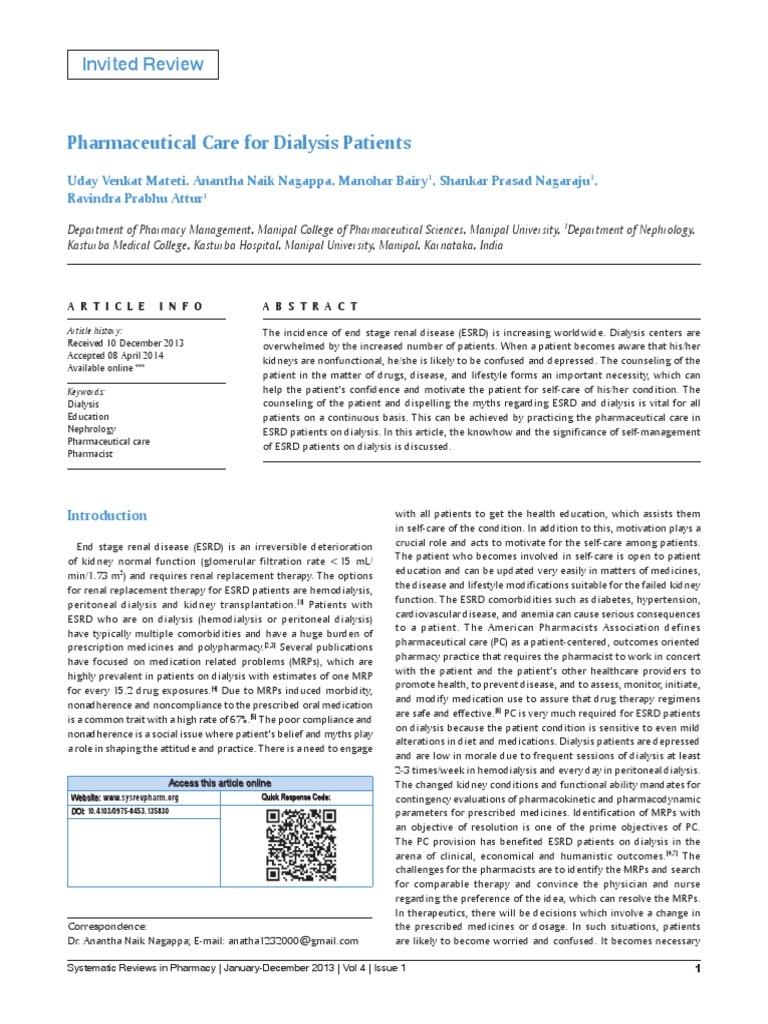 Pharmaceutical Care For Dialysis Patients | PDF | Pharmacy | Chronic ...
