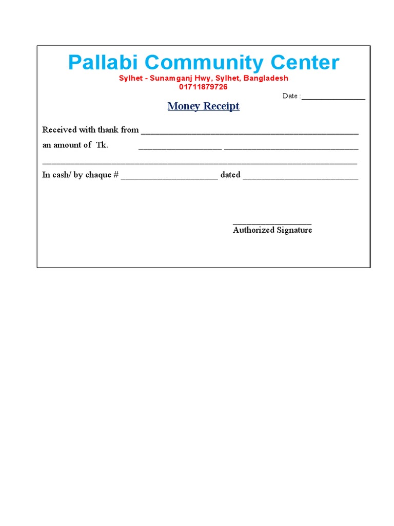 Pallabi Community Center Receipt Template | PDF