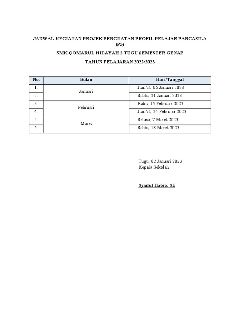 JADWAL KEGIATAN PROJEK PENGUATAN PROFIL PELAJAR PANCASILA (P5) SMK QOMARUL HIDAYAH 2 TUGU ...