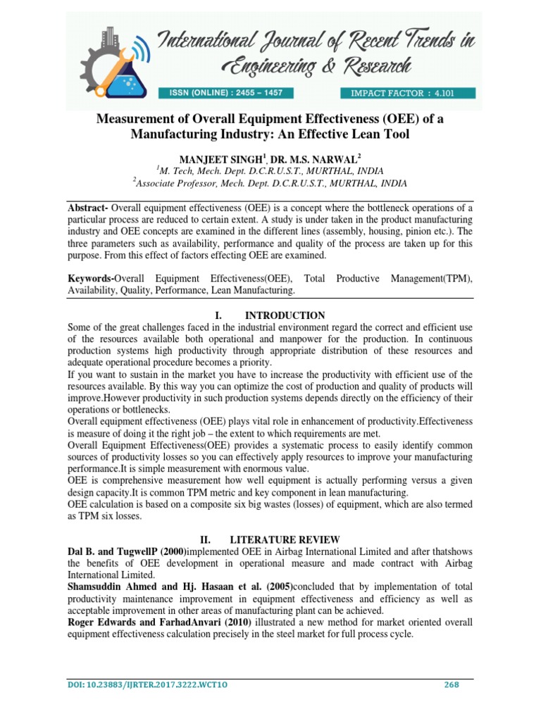 Measurement of Overall Equipment Effectiveness Oee of A Manufacturing ...