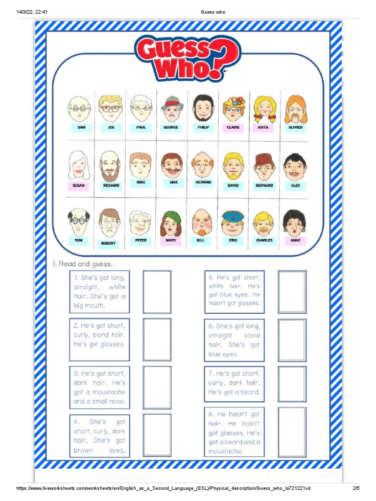 ESL Guess Who Game Worksheet | PDF