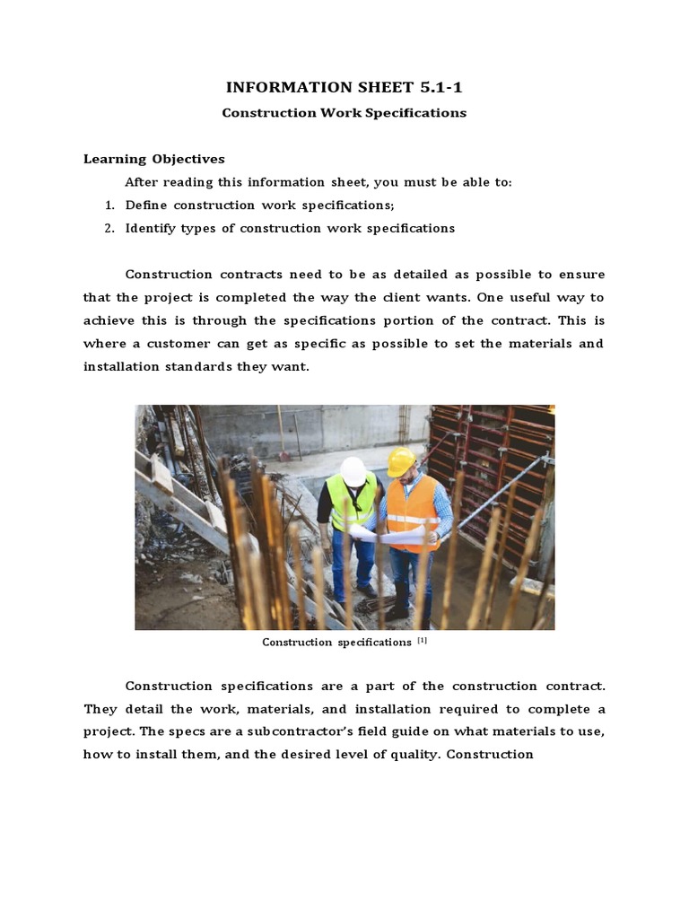 INFORMATION SHEET 5.1-1 Construction Work Specifications | PDF ...