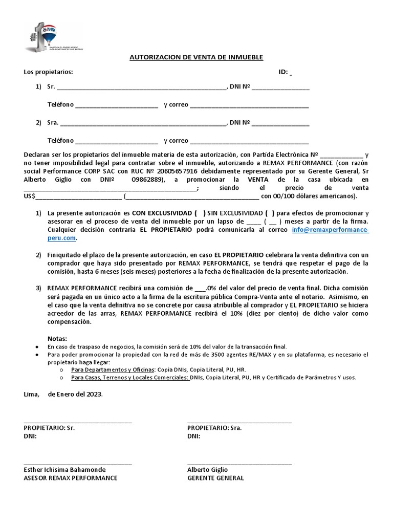 Autorización de Promocion VENTA Remax Performance Casa | PDF