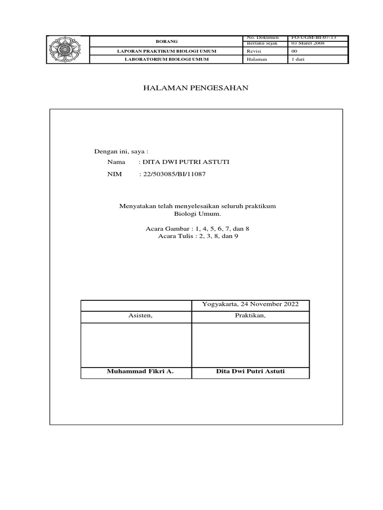 Borang Pengesahan Praktikum Biolum | PDF