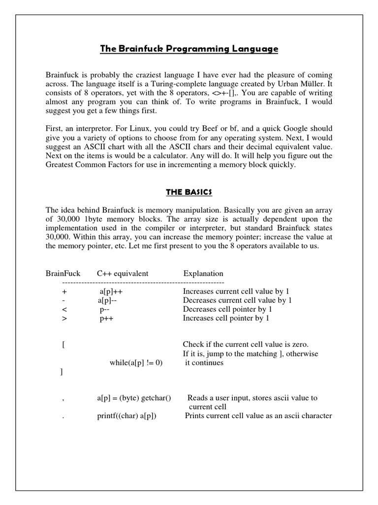 The Brain Fuck Programming Language Tutorial | PDF | Pointer (Computer Programming) | Computer ...