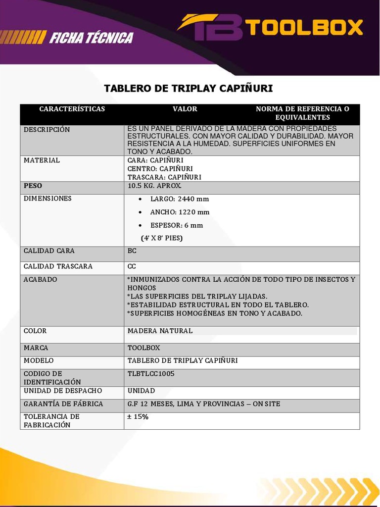 Tablero de Triplay Capiñuri: Características Valor Norma Equivalentes | PDF