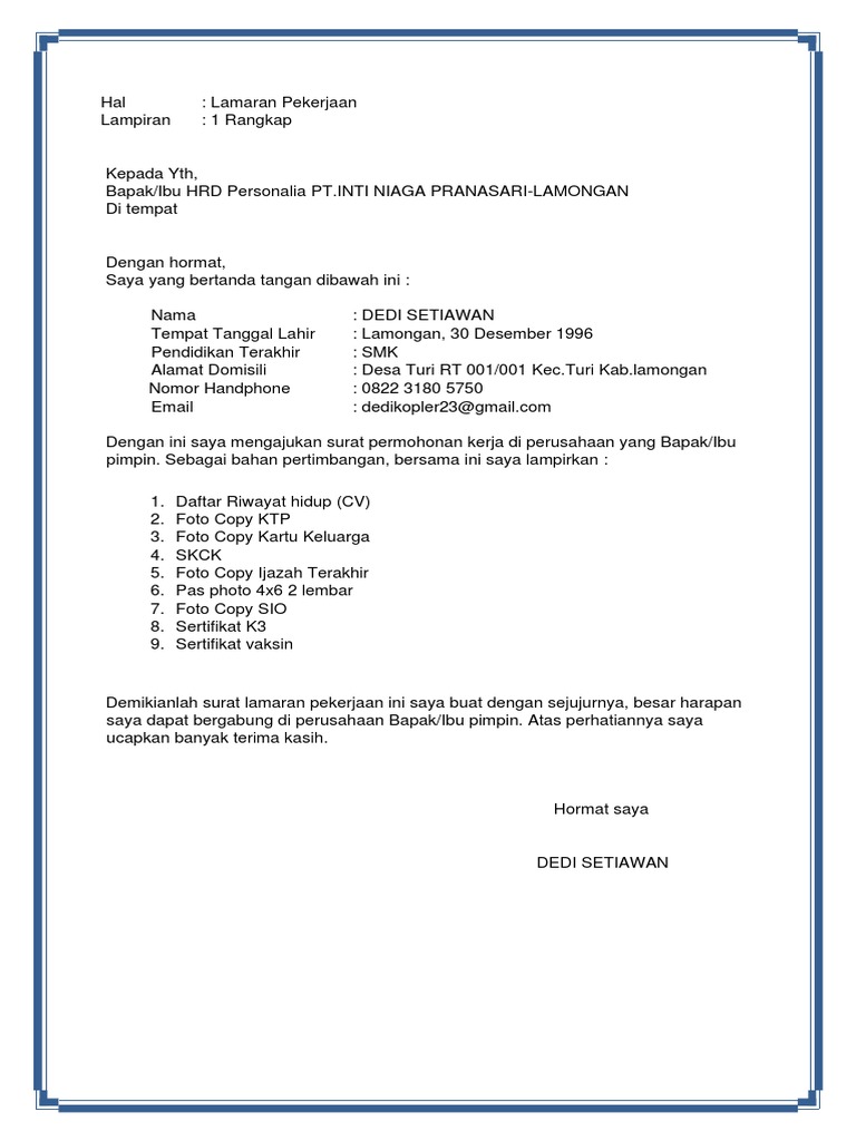 Surat Lamaran Dedi Setiawan | PDF
