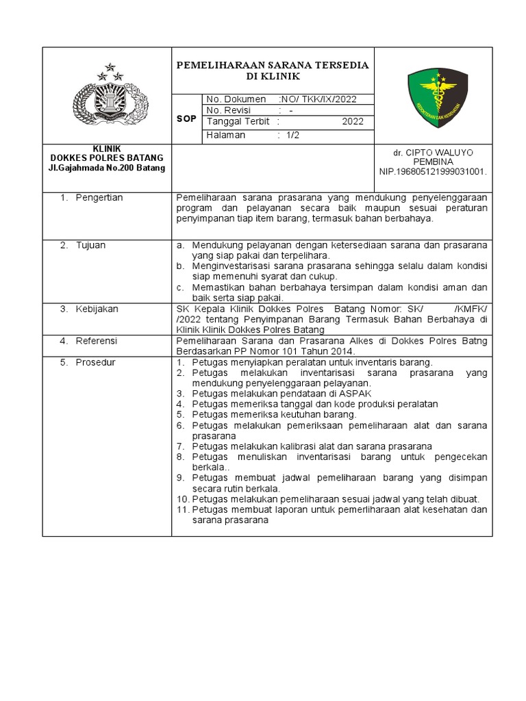 Sop Pemeliharaan Sarana Dan Prasarana Klinik | PDF