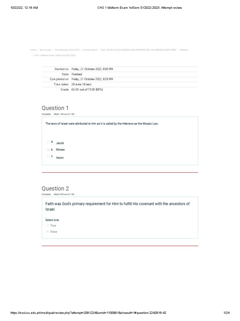 CHS 1 Midterm Exam 1stsem SY2022-2023 - Attempt Review | PDF | Jacob | The Exodus