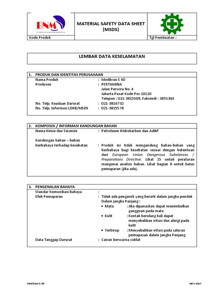 Msds Oil Meditran S 40 | PDF