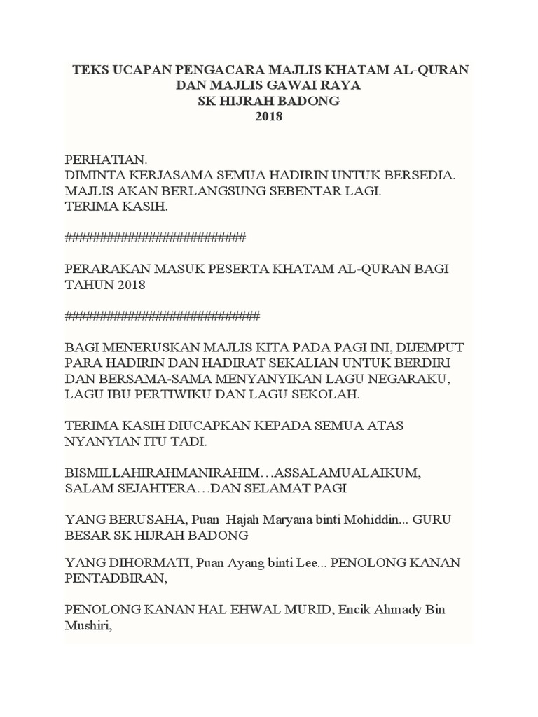 Teks Ucapan Pengacara Majlis Khatam Al | PDF