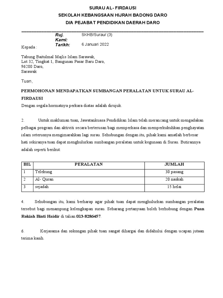 Surat Permohonan Peralatan Surau | PDF