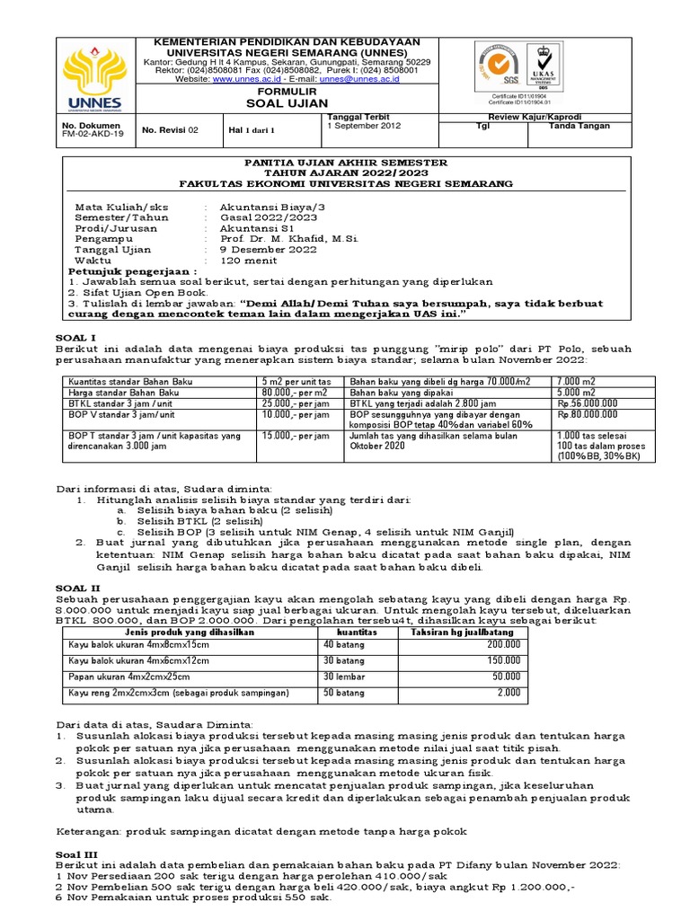 Akuntansi Biaya - UAS - Gasal 2022 - 2023 Khafid - Jumat | PDF
