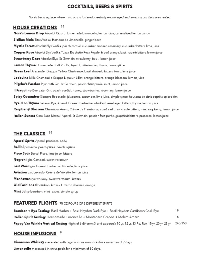 Nora's Cuisine Cocktail Menu | PDF | Distillation | Whisky