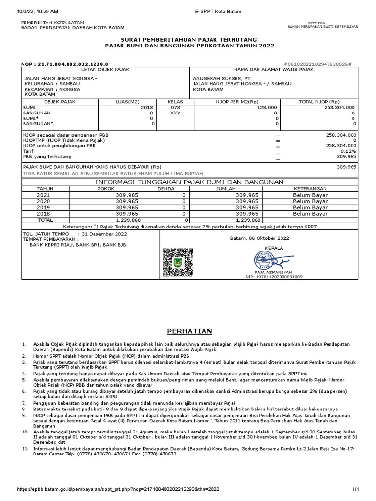 E-SPPT Kota Batam PT. ANUGRAH KERJA SUKSES | PDF