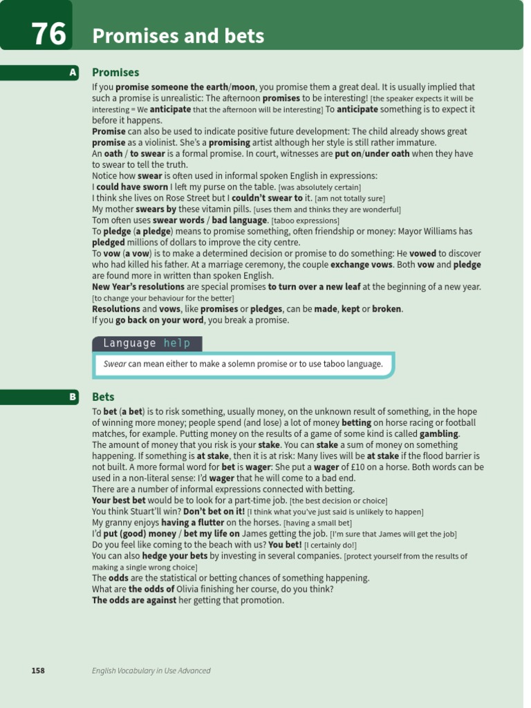 Vocab+ +76+ +Promises+and+Bets | PDF | Gambling | Oath Vocab+ +76+ +Promises+and+Bets | PDF | Gambling | Oath