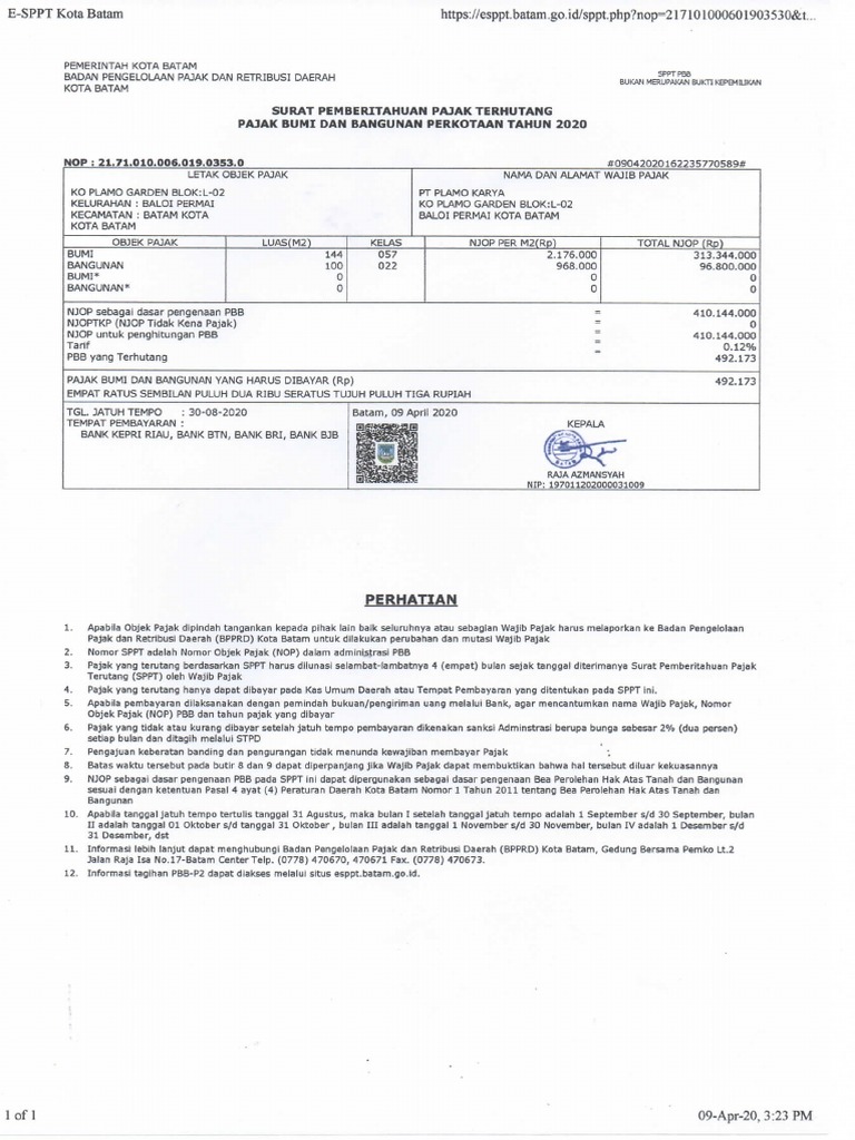 Perum Plamo Garden Blok L No 2 PBB | PDF