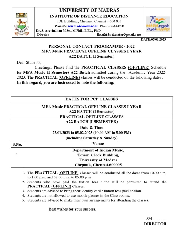 Schedule and Guidelines for MFA Music Practical Offline Classes of the A22 Batch for the First ...