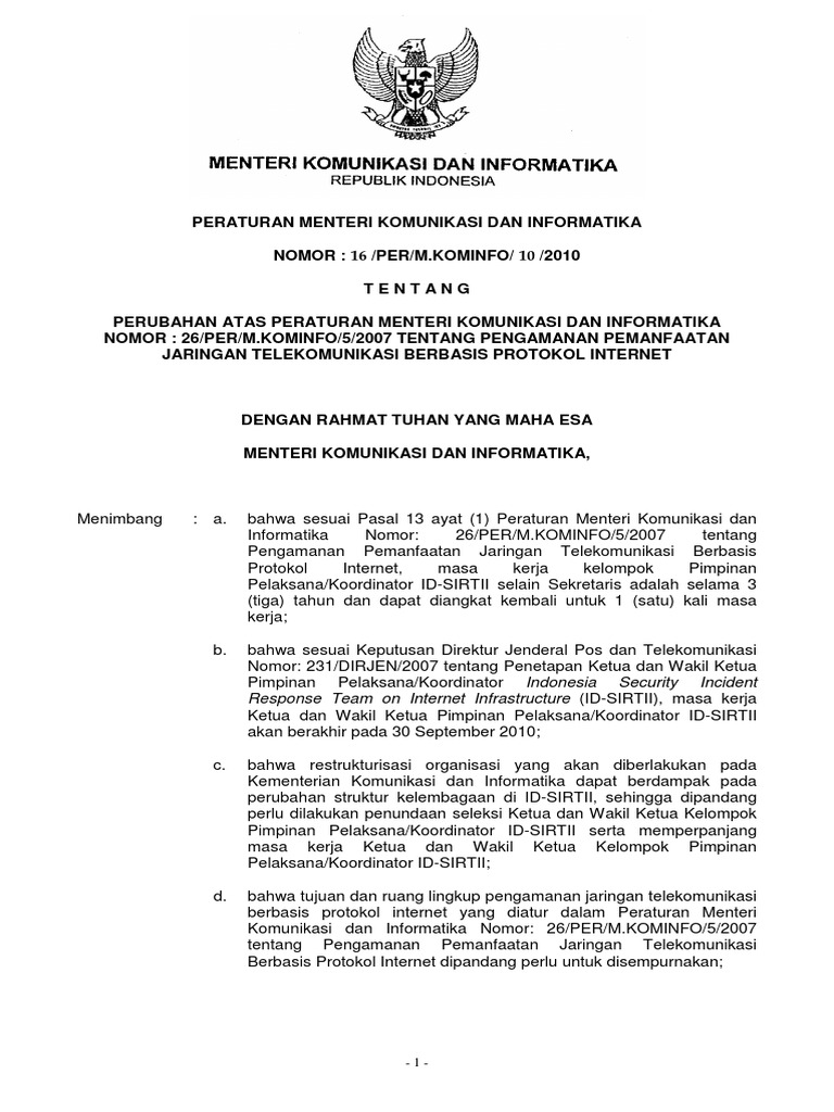 PM Kominfo 16 2010 Perubahan Ke1 | PDF