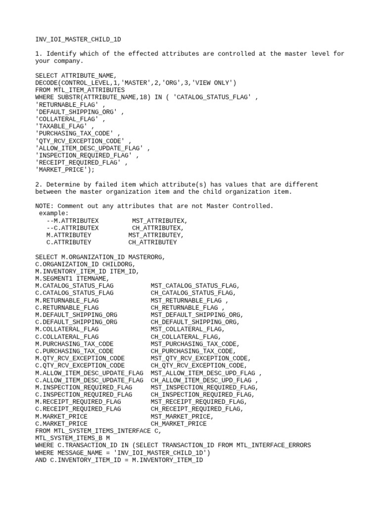INV - IOI - MASTER - CHILD - 1D Item Validation Errors | PDF