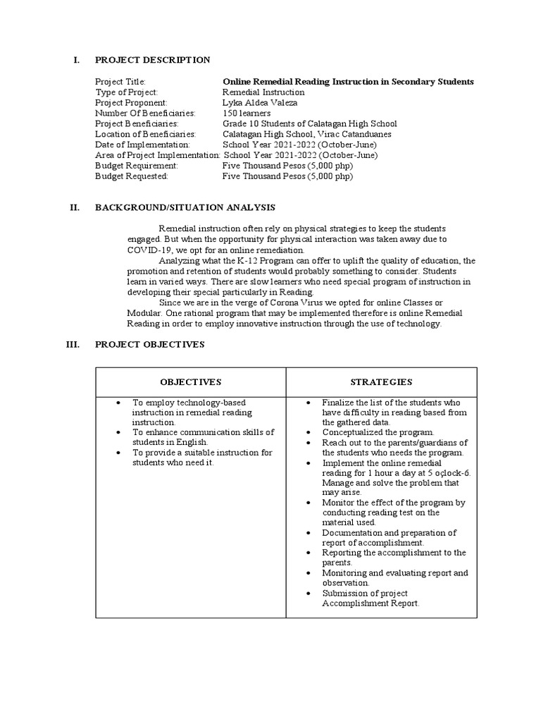 Online Remedial Reading Program Proposal | PDF | Reading Comprehension ...