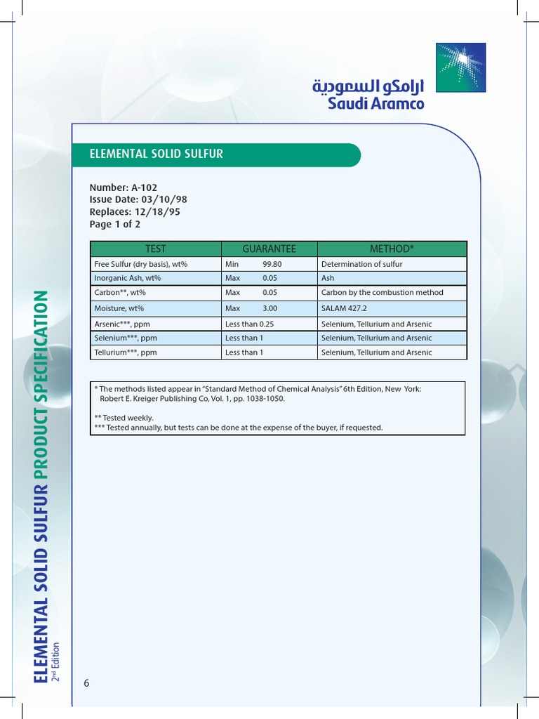 Elemental Solid Sulfur: Number: A-102 Issue Date: 03/10/98 Replaces: 12 ...