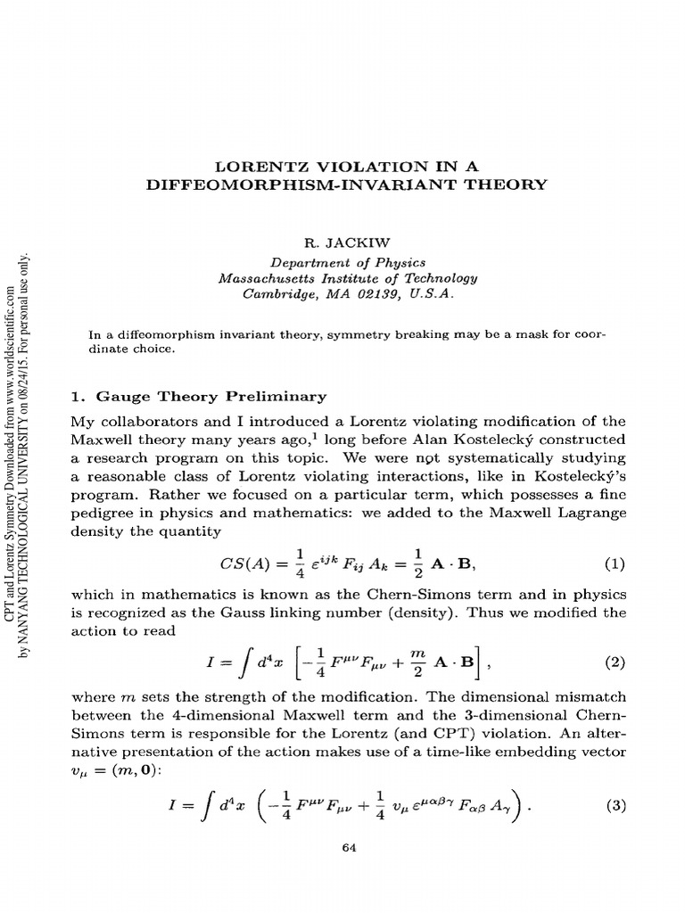Lorentz Violation in Diffeomorphism-Invariant Theory: Jackiw | PDF ...