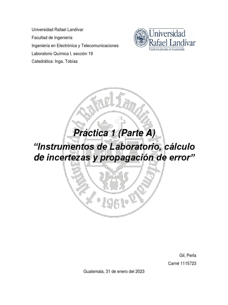 P1 - Instrumentos de Laboratorio, Cálculo de Incertezas y Propagación de Error - Perla Gil | PDF ...